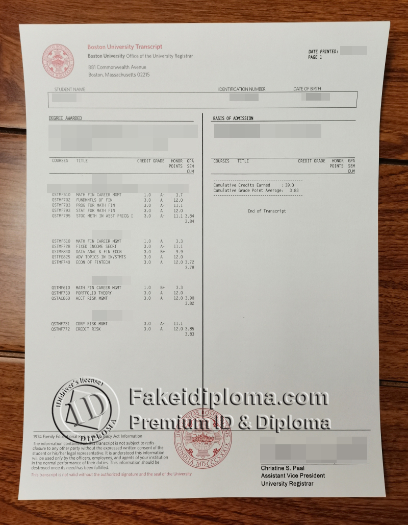 Boston University transcript maker, BU fake transcripts online