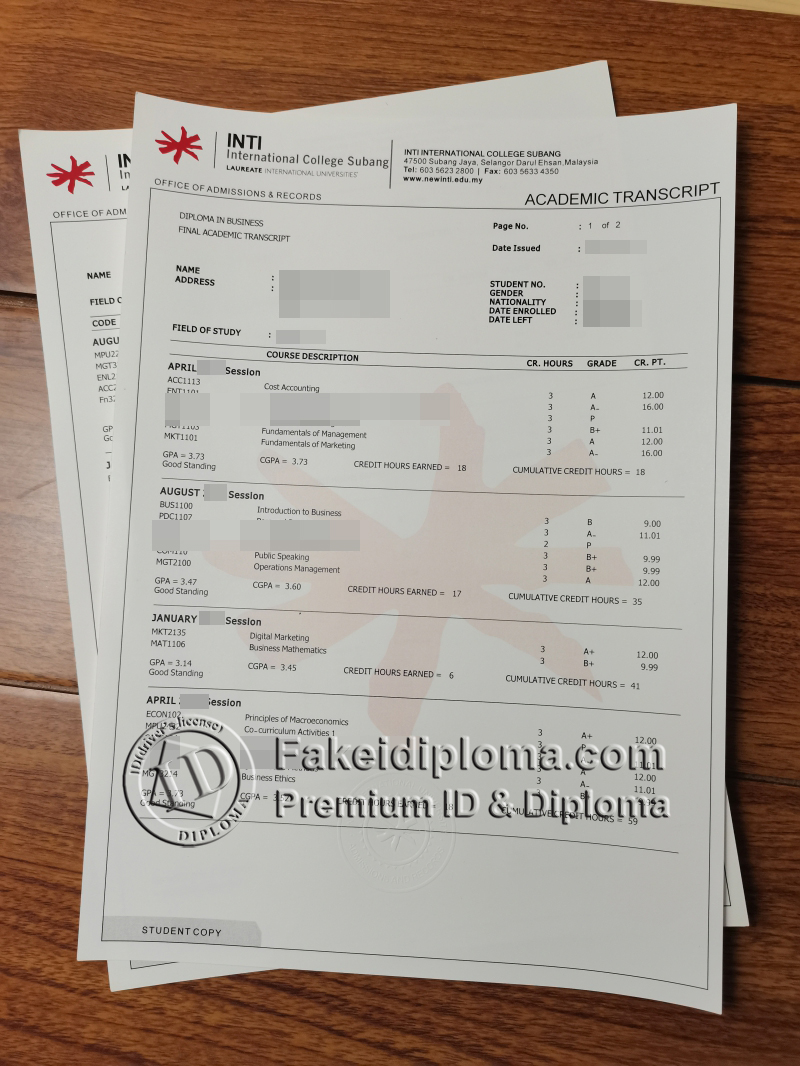 Fake INTI International College Subang transcript for sale